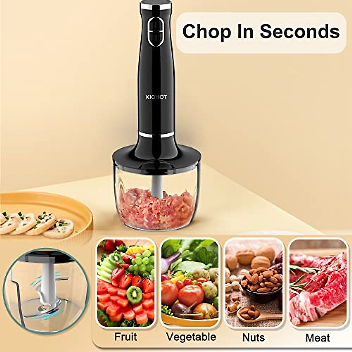 Kichot Emersion Hand Blender, 1000W 4 In 1 Electric Stick Blender for Kitchen with Food Chopper, Egg Whisk, Stainless Sticker, 600ml Mixing Beaker for Smoothies, Soups, Sauces, Baby Food ( Black)
