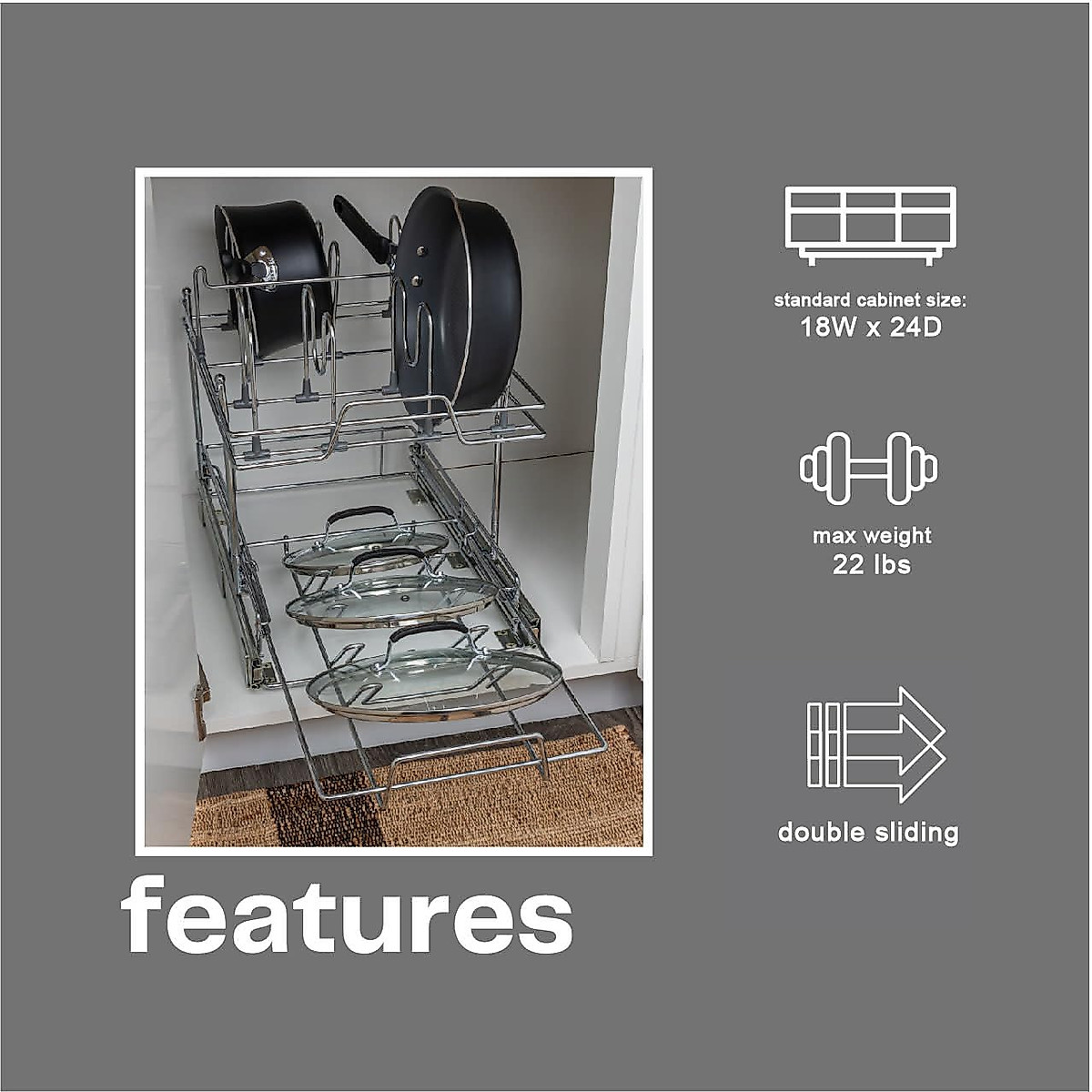 Household Essentials C42617-1 Glidez 2-Tier Pot and Lid Kitchen Cabinet Organizer | 21 in D x 14.1 in W x 16.2 in H | Chrome Wire, Silver