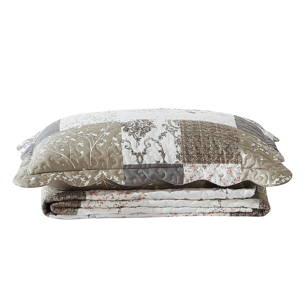 Brilliant Sunshine Roses and Toile Quilt Set, 2-Piece Bedding Sets with 1 Sham, Patchwork Design, Washable and Reversible Bedspread, Soft Lightweight Coverlet, All-Season, Twin/Twin XL, Rose Grey