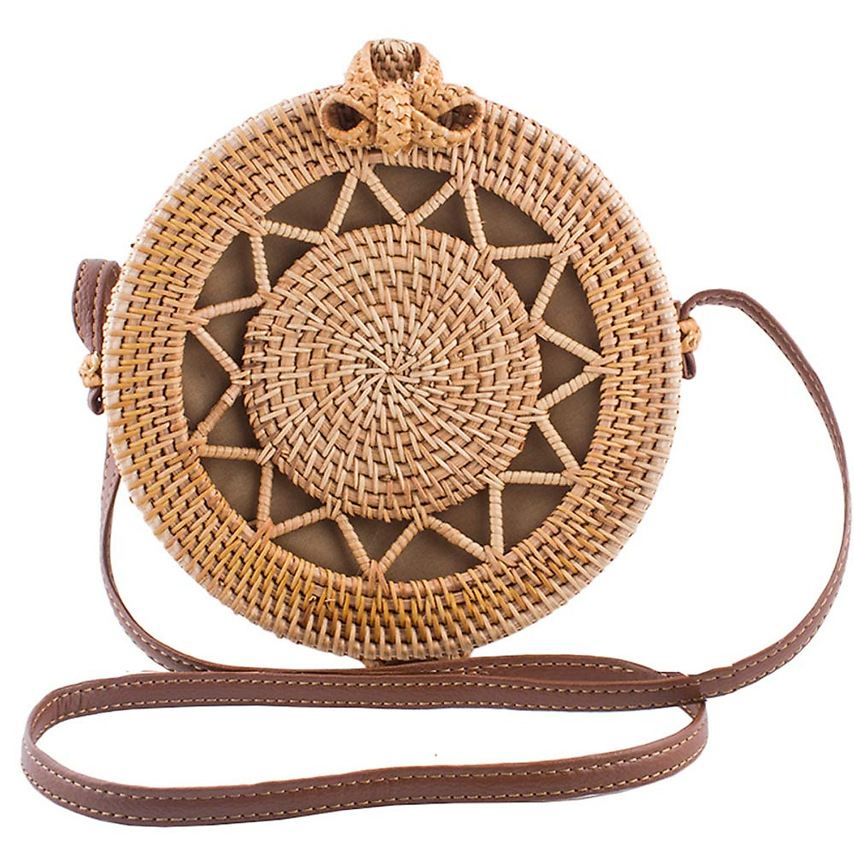 LYCSIX66 Handmade Round Rattan Bag Boho Summer Straw Bag Women Crossbody Purse