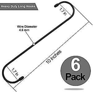 ESFUN 6 Pack 10 inch Extra Large S Hooks Black Heavy Duty Long S Hooks for Hanging Plant Extension Hooks for Kitchenware,Utensils,Pergola,Closet,Flower Basket,Garden,Patio,Indoor Outdoor Uses