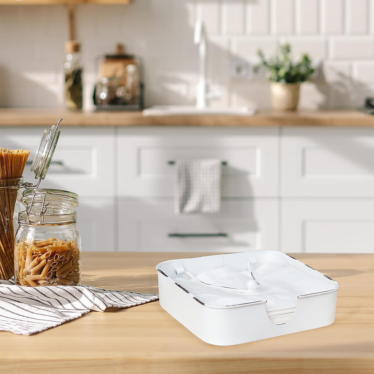 AuldHome White Enamel Napkin Holder, Distressed Rustic Napkin Dispenser