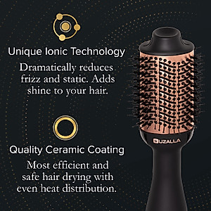 Professional Blow Dryer Brush Hair Styler by UZALLA | Powerful Frizz-Eliminating Ionic Hair Dryer Brush | Hot Air Brush Dryer and Volumizer for Women | Dual-Action Bristles, & 75MM Oval Shape