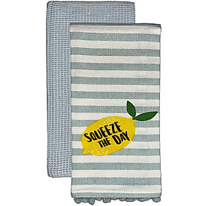 Petal Cliff Set of 2, 100% Cotton White Herringbone Pom Poms Funny Kitchen Towels with Lemon Saying, Squeeze The Day and Sky-Blue Dyed Waffle Weave Kitchen Towels/Dish Towels Size: 16 X 28 Inch.