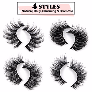 JIMIRE 20 Pairs False Eyelashes 4 Styles Fluffy Eyelashes Pack 3D Volume Faux Mink Lashes Packs