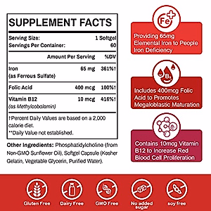 Liposomal Fe Iron Supplement for Women,65 mg Iron Supplements with Folic Acid & Vitamin B12 for Men,Red Blood Cell Production,Energy Support for Adults Iron Deficiency 60 Softgels(1 Bottle)