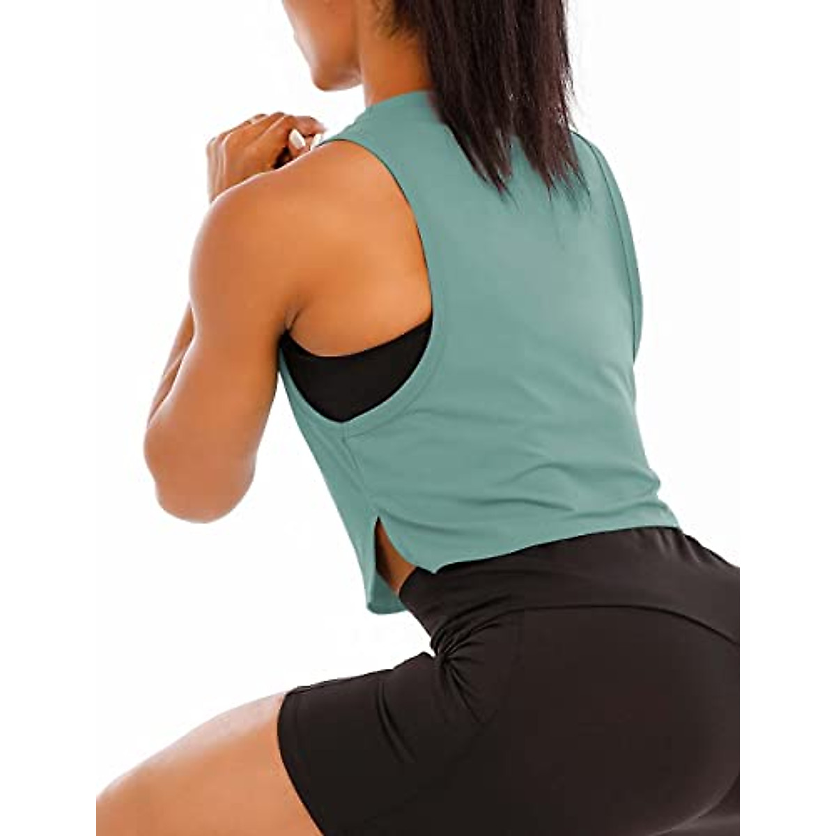 HIOINIEIY Womens Crop Top Workout Cropped Shirts Muscle Tank Athletic Gym Exercise Clothes Light Green L