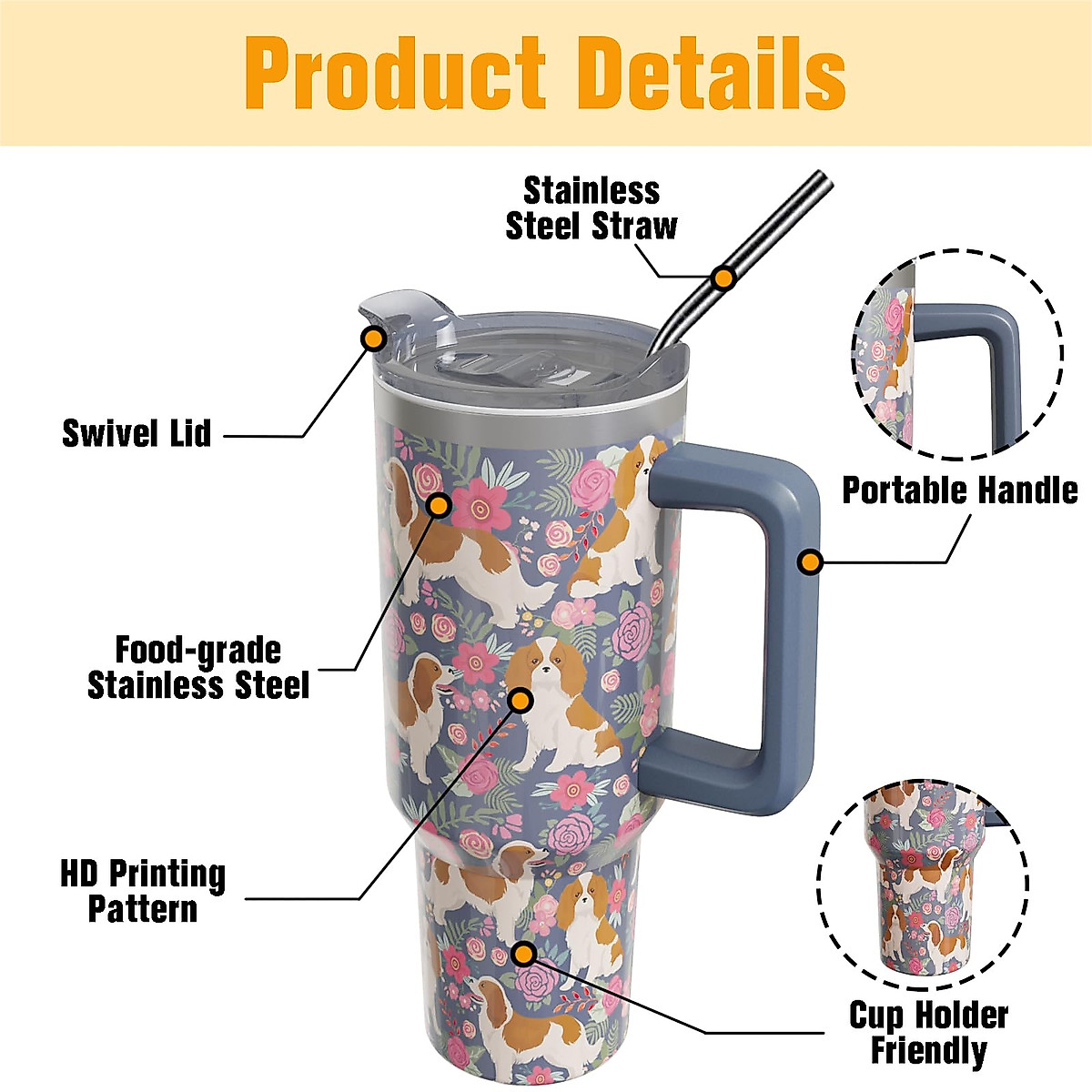 Cavalier King Charles Spaniel Gifts for Women Dog Lovers 40 oz Floral Cavalier King Charles Spaniel Tumblers with Handle and Straw, Stainless Steel Vacuum Insulated Travel Coffee Mug Cup Water Bottle