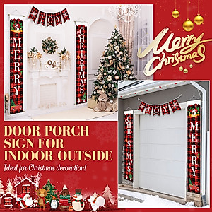 7 Pcs Merry Christmas Banner Lighted Front Porch Sign, Red Black Buffalo Plaid Porch Sign, Joy Merry Christmas Led Lights Door Banner, for Xmas Home Wall Door Yard Hanging Holiday Party Outdoor Decor