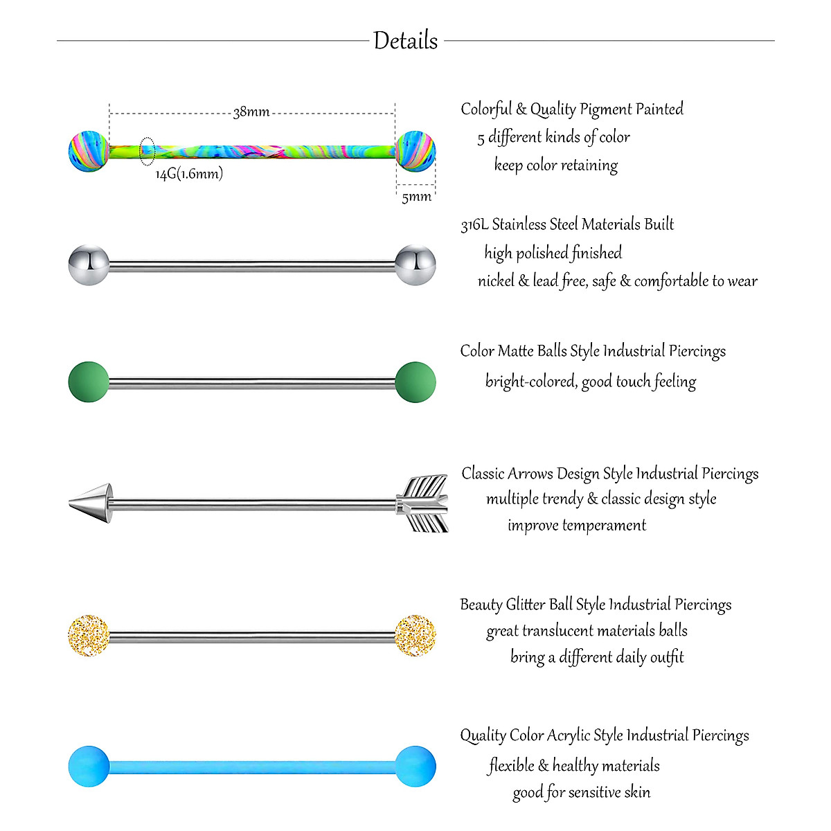 EVELICAL 30Pcs 14G Stainless Steel Industrial Barbell Earrings for Women Men Cartilage Helix Body Piercing Jewelry 38mm 1&1/2 Inch Piercing Bar Style A