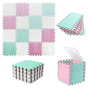 Tamiplay 16 Tiles Foam Play Mat, 0.4 Inch Thicked Interlocking Floor Mats with Solid Colors, Squares Baby Play Mat, EVA Foam Puzzle Floor Mat Foam Mats for Kids, Baby, Toddlers(White/Pink/Bean Green)