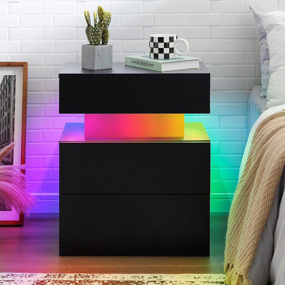 Bingoday LED Nightstand Black Modern Night Stand with 3 Drawers LED Bedside Tables for Bedroom End Tables with LED Strip Lights (Black)