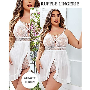 Avidlove Plus Size Lingerie Women Lace Mesh Babydoll Sexy Chemise Curvy Women V Neck Ruffle Nighty(White,XXL)