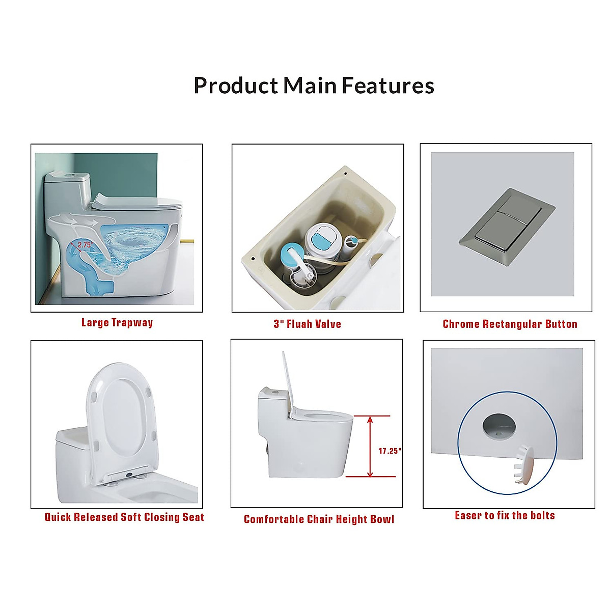 WinZo WZ5080 Elongated Dual Flush One Piece Toilet Low Profile 17.25" Comfortable Chair Height with Soft Closing Seat White