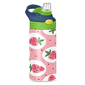 Kigai Strawberry Kids Water Bottle, BPA-Free Vacuum Insulated Stainless Steel Water Bottle with Straw Lid Double Walled Leakproof Flask for Girls Boys Toddlers, 12Oz