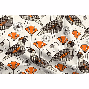 Spoonflower Fabric - Mid Century Quail Mod Floral Poppies Scandi Retro Neutral Bird Orange Printed on Petal Signature Cotton Fabric Fat Quarter - Sewing Quilting Apparel Crafts Decor