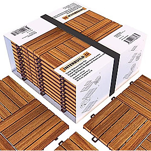 Interbuild Acacia Hardwood Interlocking Patio Deck Tiles, 12" × 12" (Pack of 10), Easy to Install Floor Tile for Both Indoor & Outdoor Use - Golden Teak