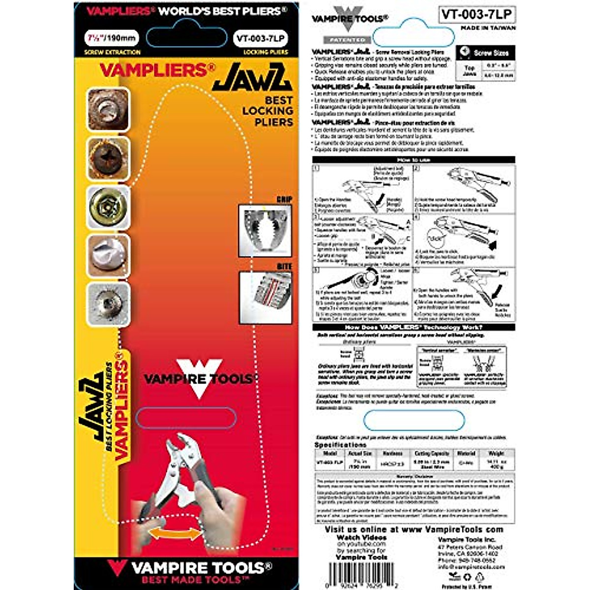 VAMPLIERS: JAWZ 7.5" VISE-GRIP LOCKING PLIERS for Extracting Damaged, Rusted, Stripped, Security, Specialty, Screws, Nuts, and Bolts: VT-003-7LP.