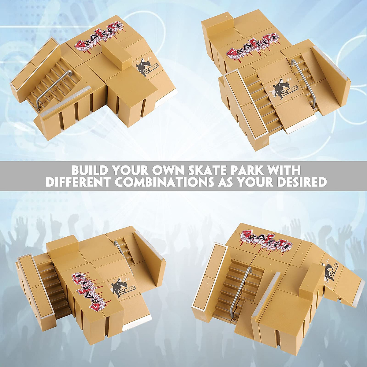 HOMETALL 8Pcs Fingerboard Skatepark Ramps with 9Pcs Mini Toys Set Including Fingerboards, Bike, Scooters, Skate Park for Kids Gift