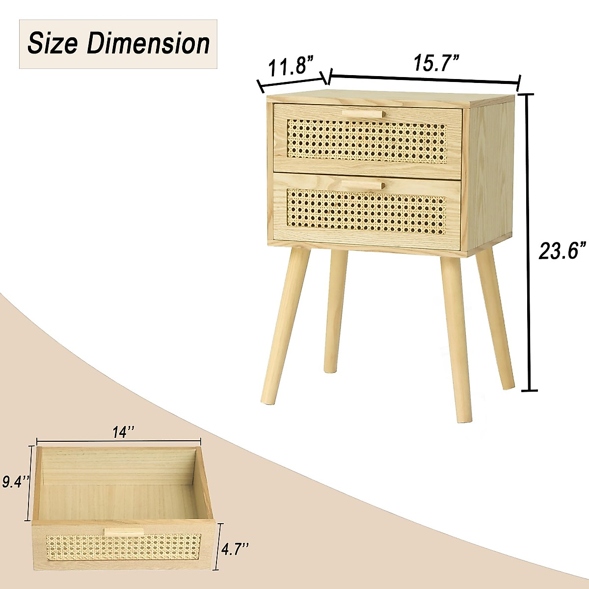 AWASEN Rattan NightStand Set 2, Nightstand Set of 2 with Drawers, Bedside Table with Storage and Solid Wood legs, Rattan Side Table End Table for Bedroom (Natural)