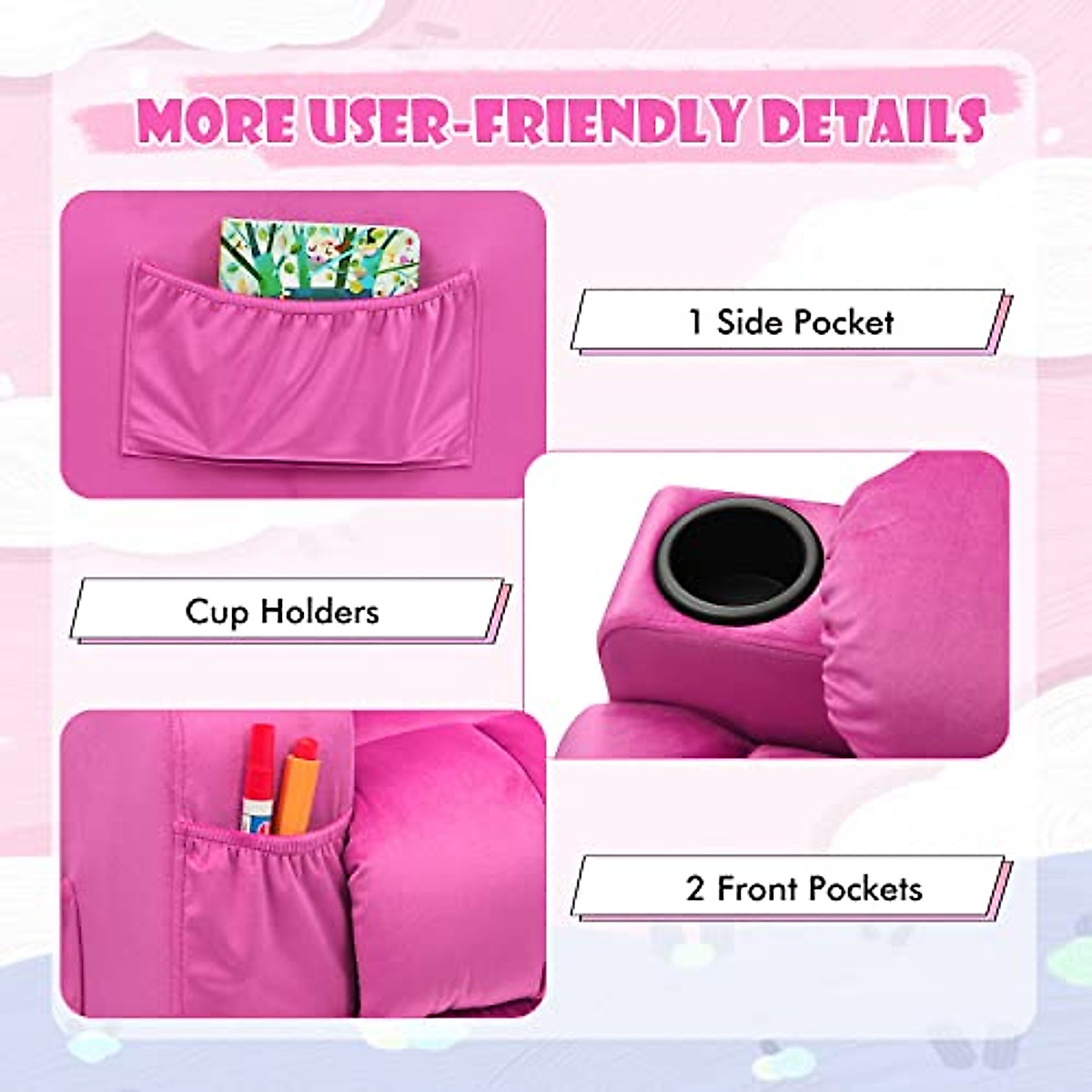 COSTWAY Larger Kids Recliner Chair, Adjustable Lounge Recliner w/ 2 Cup Holders, 1 Side Pocket, 2 Front Pockets, Footrest, Velvet Fabric Recliner for Boys & Girls, Ideal for Bedroom (Pink)