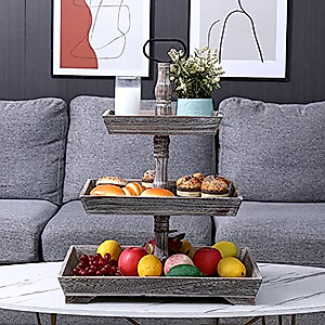 3 Tier Serving Tray Rectangle Tiered Tray Decorative 3 Tier Wood Serving Trays,Farmhouse Decor Holiday Home Decoration,Durable,Large Storage Tray (Rustic Brown)