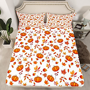 Happy Fall Fitted Sheet Halloween Autumn Pumpkin Bed Sheets Queen,Cute Fall Flowers Maple Leaf Bedding Set Thanksgiving Sheet Set Gifts For Kids Boys Girls Fall Home Bedroom Decor Flat Sheet 4 Pcs