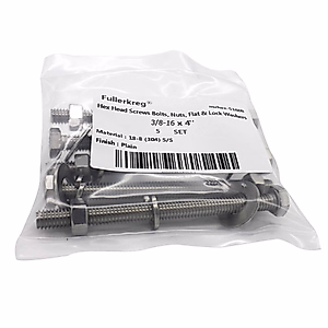 (4 Sets) 3/8-16x4 Stainless Steel Hex Head Screws Bolts, Nuts, Flat & Lock Washers, 18-8 (304) S/S, Fully Threaded by Bolt Fullerkreg