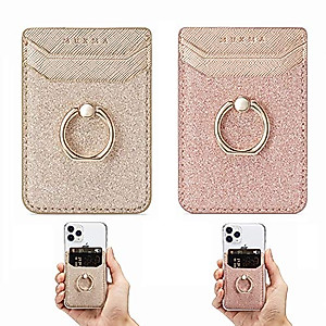 Phone Card Holder Sleeve RFID Credit Wallet with Kickstand Ring for Women, DMaos 2 Pieces Glitter Sands Wallet Stick-On Back Grip for iPhone Samsung Android and Smartphones - Pink + Gold