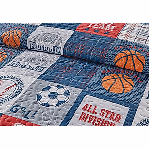 Linen Plus Bedspread Set Kids/Teens All Star Sport Basketball Soccer Baseball Football Plaid Patchwork Pattern Blue Red Grey Orange White # Go Team (Twin)