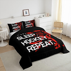 Hockey Comforter Twin for Kids Boys Teens,Black Red Grey Eat Sleep Hockey Bedding Set Warm,Ice Hockey Player Down Comforter Bedroom Decor,Graffiti Winter Sports Game Quilted Duvet with 1 Pillow Sham