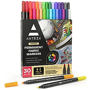 ARTEZA Fabric Paint Markers, Set of 30, Permanent Dual-Tip Textile Marker, Assorted Colors, Art Supplies for Coloring T-Shirts, Jeans, Jackets, and Backpacks