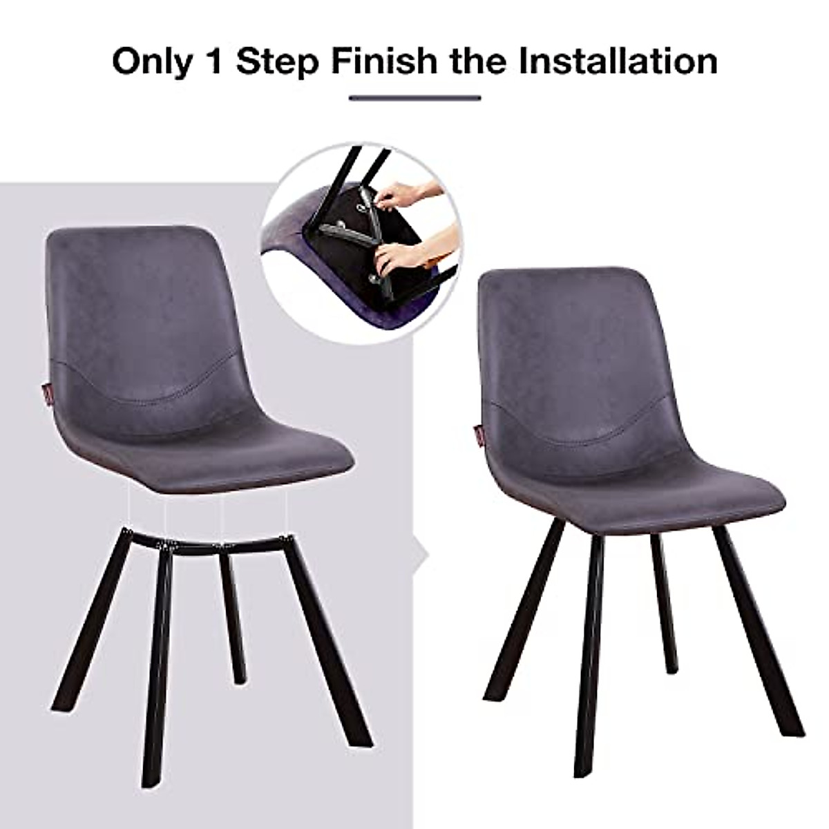 GURLLEU Leather Dining Chairs Set of 4 with Metal Legs, Modern Industrial Kitchen Dining Room Chair, Upholstered Backrest Seat Chairs for Home Kitchen/Living Room, Bedroom, Gray