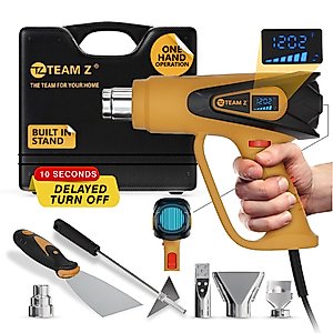 TEAM Z 1800W Premium Heat Gun kit 140°F~1202°F - Heavy Duty Heat Shrink Gun with Single Handed Operation, LCD Display Hot Air Gun with Case, Overload Protection with 6 Nozzles for Crafts