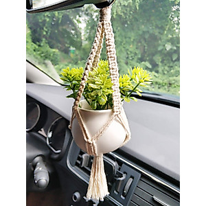 Dahey Mini Macrame Plant Car Accessories Rear View Mirrior Charm Cute Hanging Rearview Car Decor Boho Hanger with Artificial Succulent for Plant Lover, 2 Pcs, 10.5 inch, White