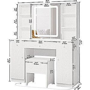 IRONCK Vanity Desk with LED Sliding Mirror & Power Outlet, Large Bedroom Makeup Table with Drawers & Cabinet & Storage Shelves & Stool, White