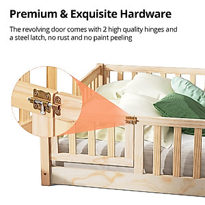 i-POOK Full Floor Bed for Children, Sturdy Wood Montessori Bed Frame with Wood Slats, Fence & Door, Montessori Floor Bed for Girls and Boys, Natural (with Bed Slats)