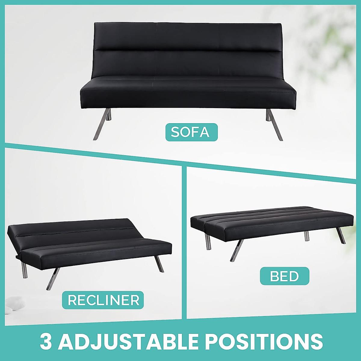 Naomi Home Zoe Futon Sofa Bed, Faux Leather Futon Couch, Modern Convertible Folding Sofa Bed Couch with Chrome Legs, Reclining Mini Couch, Leather Futon Small Couch for Bedroom Living Room - Black