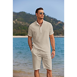 COOFANDY Men's 2 Pieces Linen Set Casual Henley Shirts Short Sleeve Beach Yoga Shorts Summer Pants Outfits