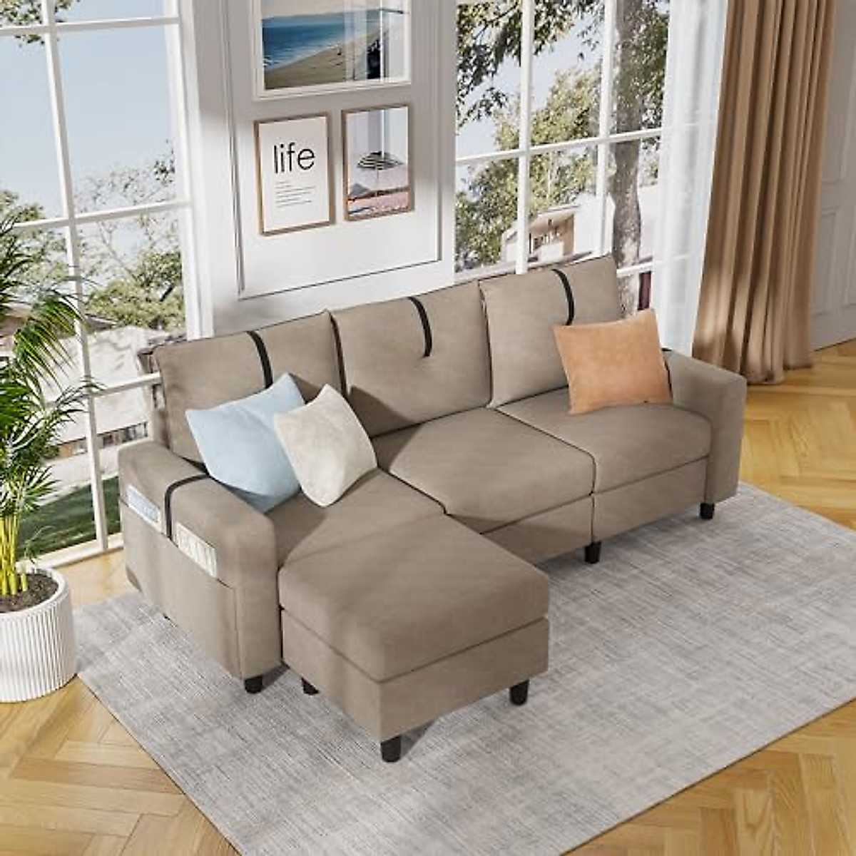 Jarenie 80" Convertible Sectional Sofa, 3-Seat L Shaped Couch with Ottoman, Modern Linen Upholstered Sofa Couches for Living Room, Apartment and Small Spaces, Beige