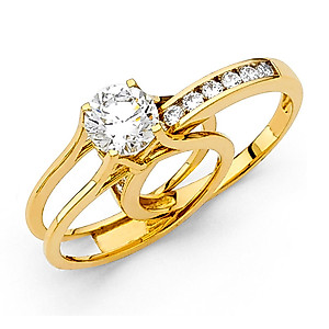 14k Yellow Gold SOLID Engagement Ring & Wedding Band Set - Size 6