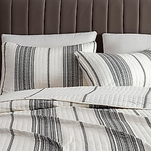Great Bay Home King Reversible Quilt Bedding Set - All Season, Modern, Lightweight Bedspreads - White and Grey Striped Coverlets (Includes 1 Quilt, 2 Pillow Shams)