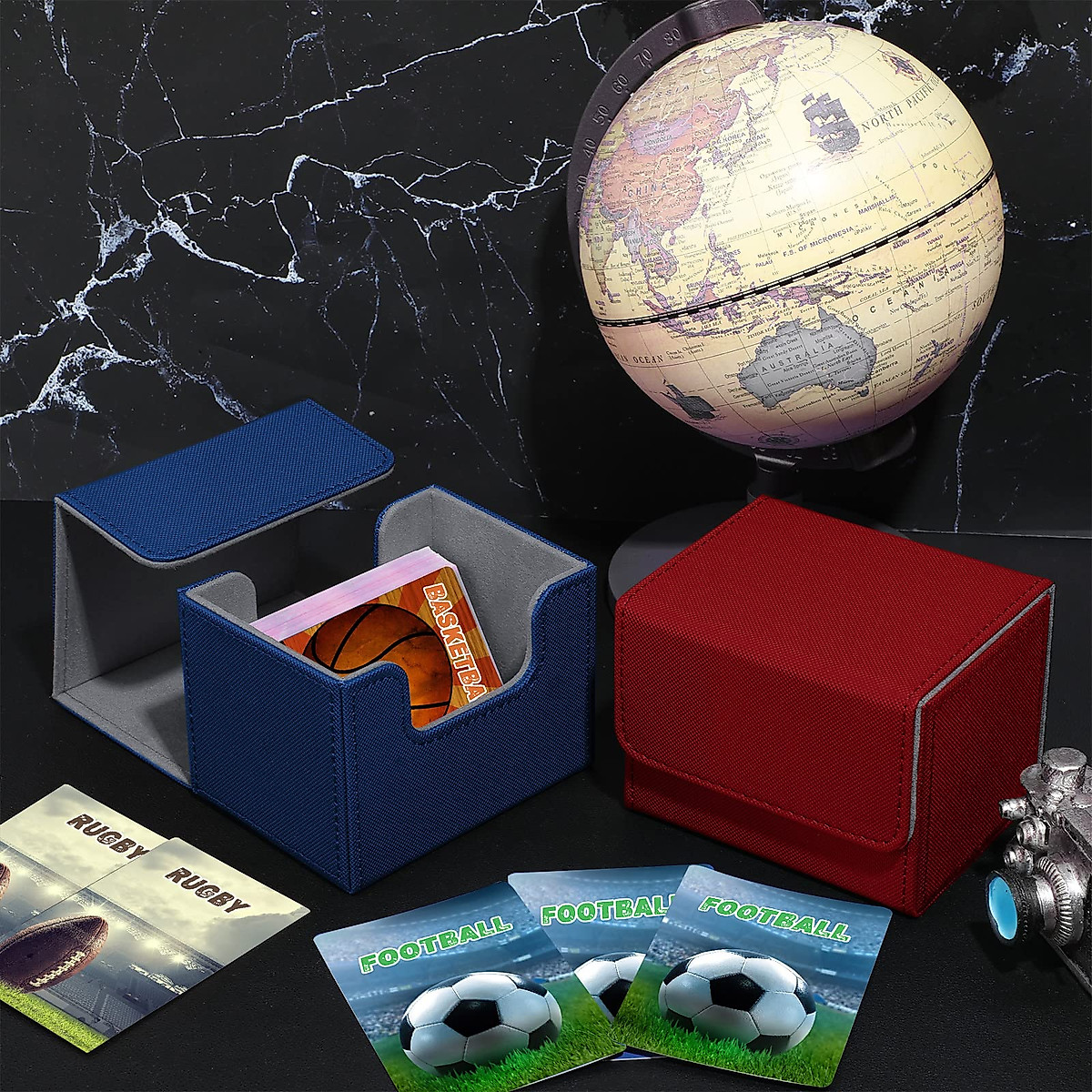 2 Pieces Card Deck Case Trading Card Storage Boxes Magnetic Deck Holder Leather Deck Sleeves to Storage 100 Cards Guardian Guardian (Horizontal,Red, Blue)