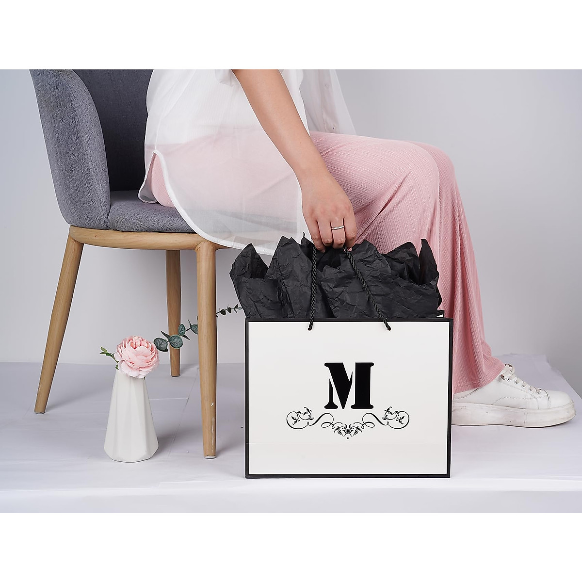 ysmile Letter Gift Bag with Wrapping Tissue for Men Women Boy Girl, 12" Large White Black Paper Bag for Birthday Anniversary Baby Shower Wedding Party - Single M