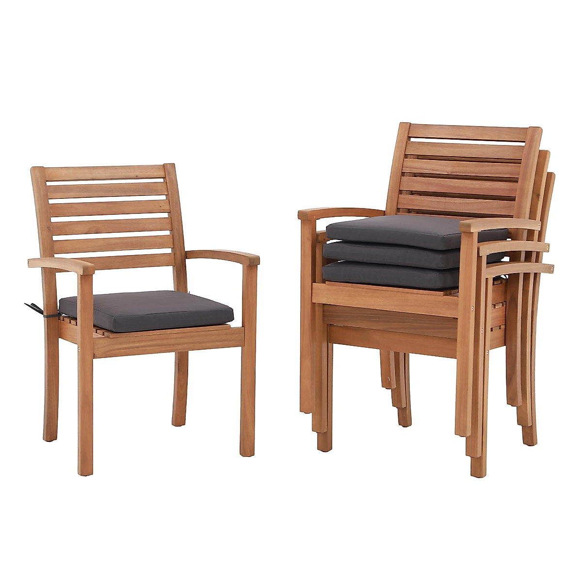 OC Orange-Casual Stackable Patio Dining Chairs Set of 4, Outdoor Acacia Wooden Chairs w/Armrest & Removeable Fabric Cushion, FSC Certified Wood, for Porch, Backyard, Garden, Indoor, Dark Grey