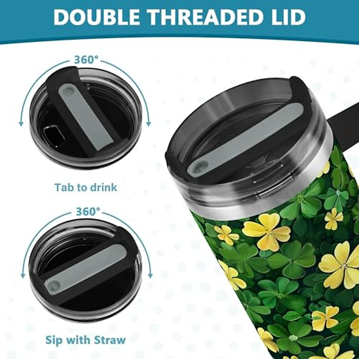 FRCSDIY Lucky Clover Insulated Tumbler with Handle and Straw Lid,30oz Leakproof Stainless Steel Cup BPA-Free Water Bottle