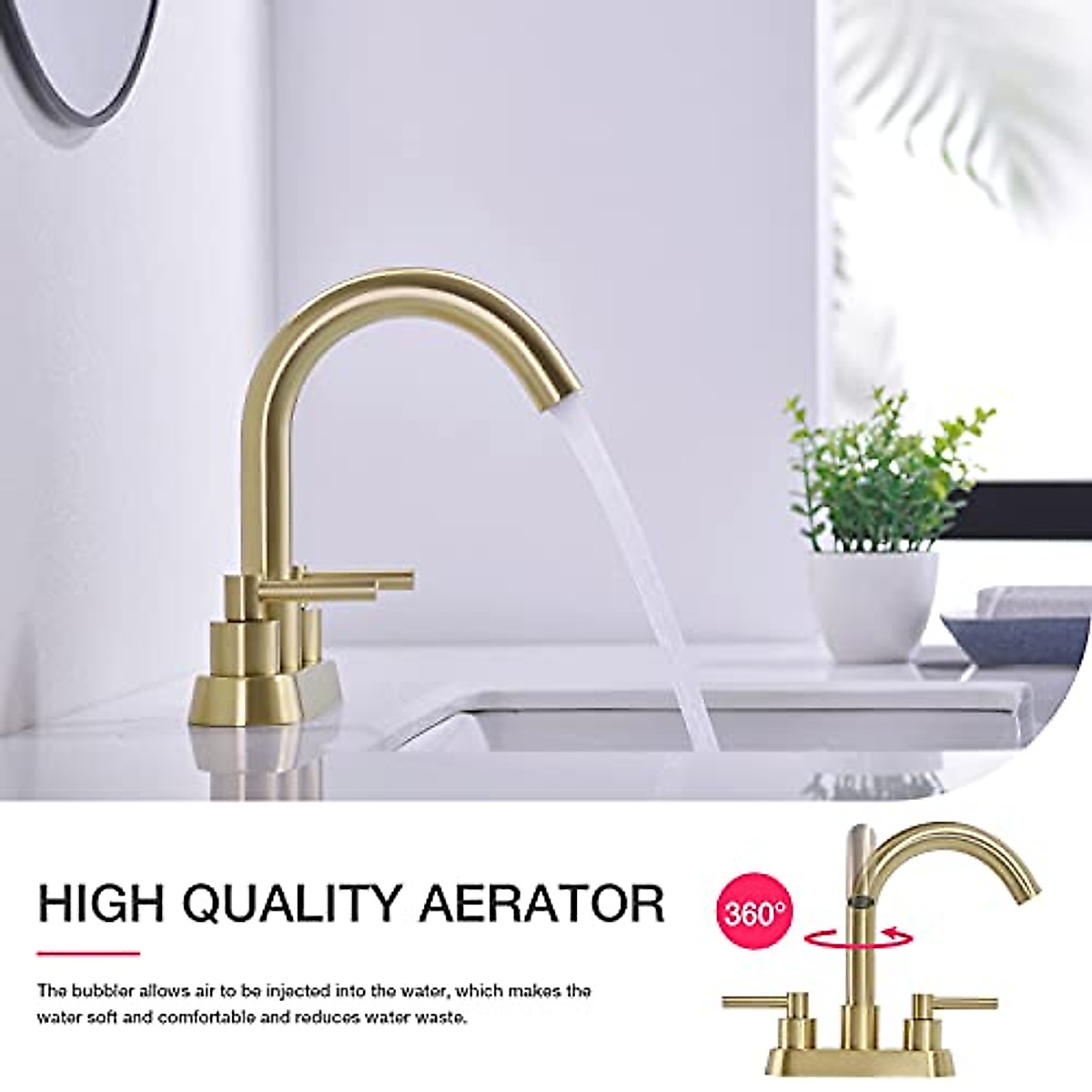 Brushed Gold Bathroom Faucet 2 Handle 4 Inches Centerset Vanity Sink Mixer Tap with Drain Assembly and cUPC Water Supply Lines SUS304 Stainless Steel