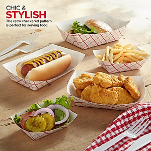 Small Paper Food Boats (100 Pack) 1 Lb Disposable Red & White Checkered Paper Food Trays, Eco Friendly Paper Food Trays, Serving Boats for Concession Food & Condiments, Paper Nacho Trays 4.25" x 2"