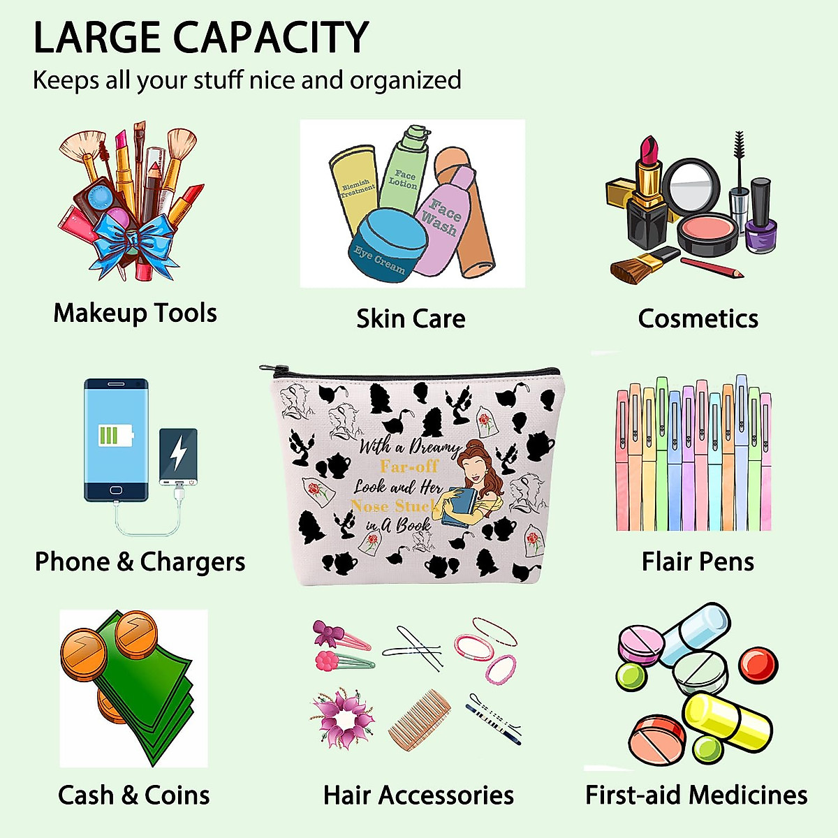 FOTAP Beauty Fairytale Gifts Belle Princess Cosmetic Bag Beaty Beast Story Inspired Cosmetic Bag Princesses Belle Gifts Magic Kingdom Gift (Nose Stuck)