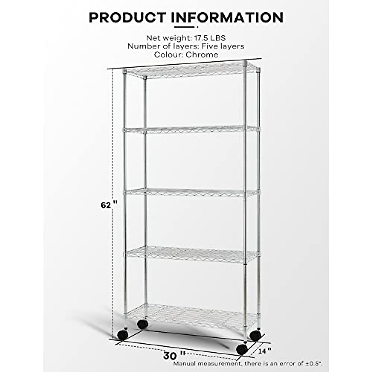 MGHH 5 Tier Garage Shelving, Metal Shelves Wire Shelving Unit Adjustable Heavy Duty Sturdy Steel Shelving Rolling Cart with Casters for Pantry Garage Kitchen (Chrome, 14" D x 30" W x 60" H)